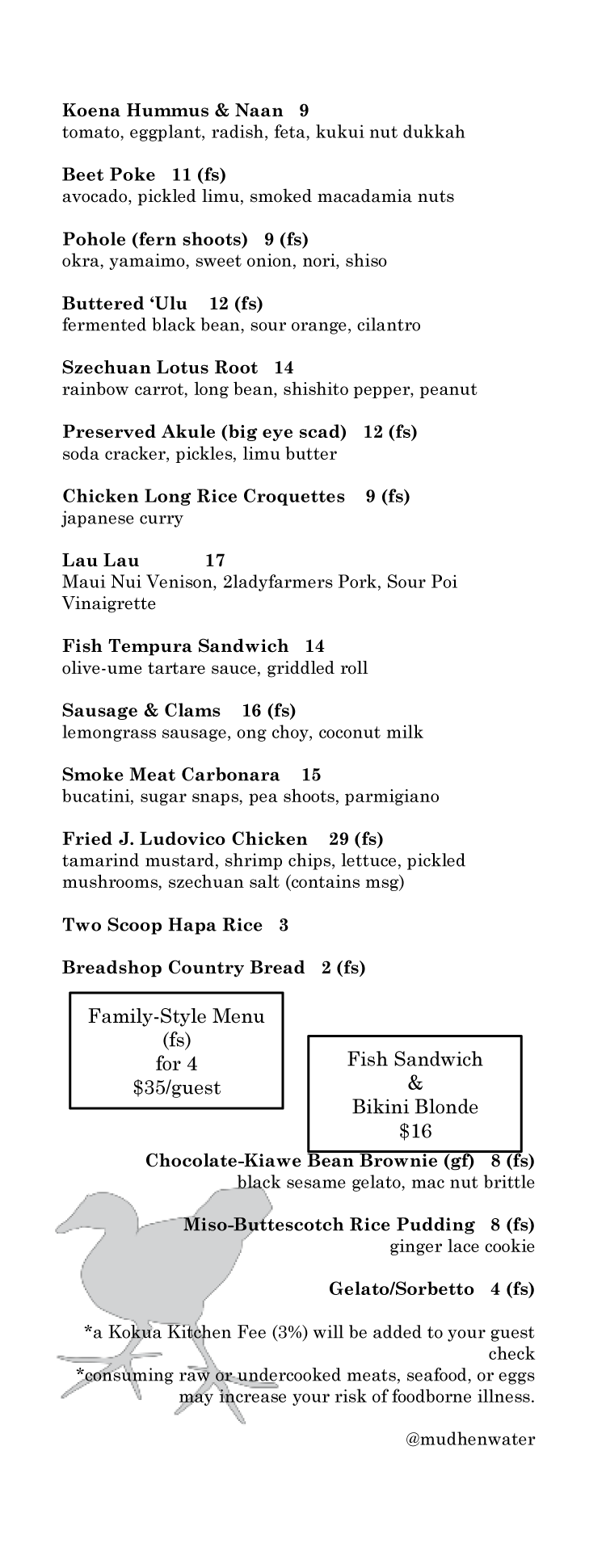 Dinner Menu – Mud Hen Water
