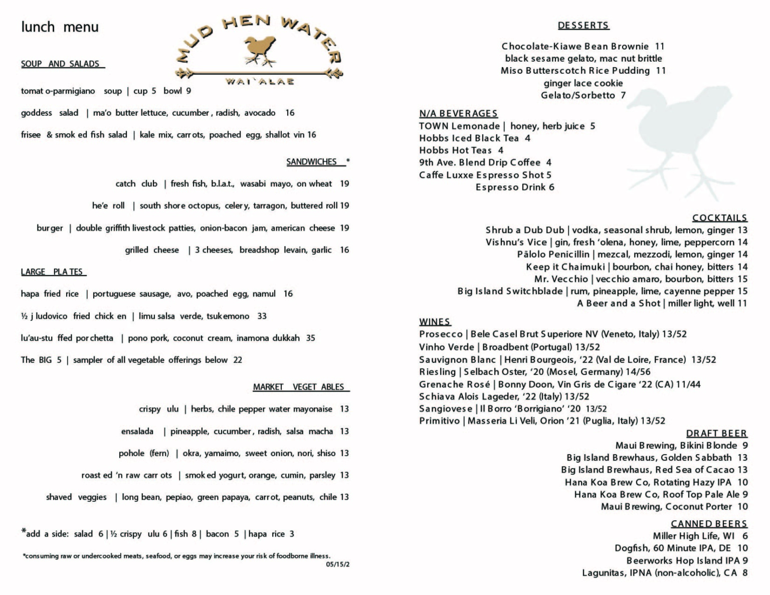 Lunch Menu - Mud Hen Water